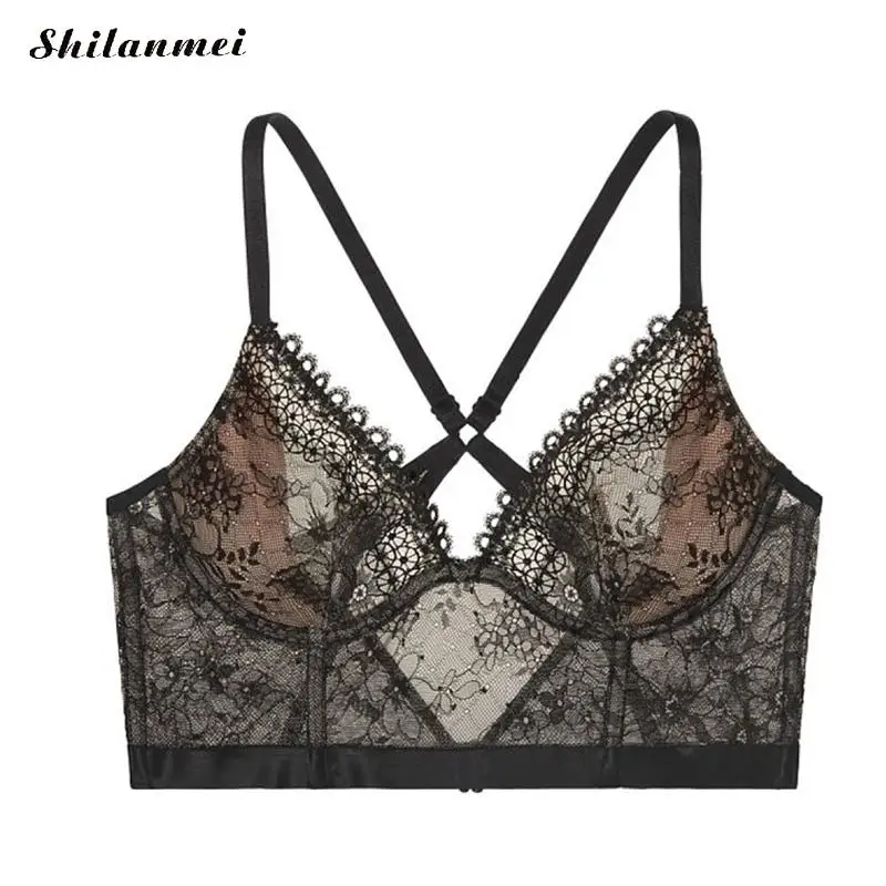 Women Sexy Crossing Bandage Crop Tops Floral Sheer Lace Bra Top