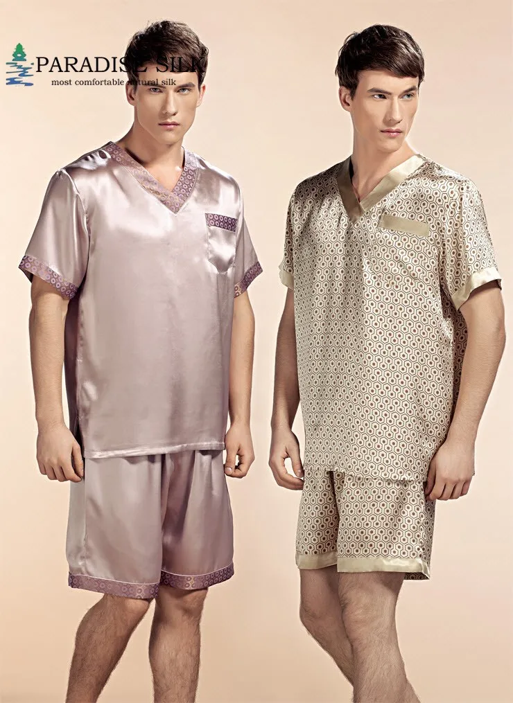 Men Silk Pyjamas Sets 100 Pure Silk Pajamas Short V Neck Top And Short