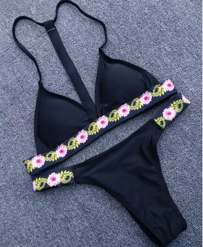 2017 Real New Arrival Black Floral Thong Bikini Beach Padded Low Waist