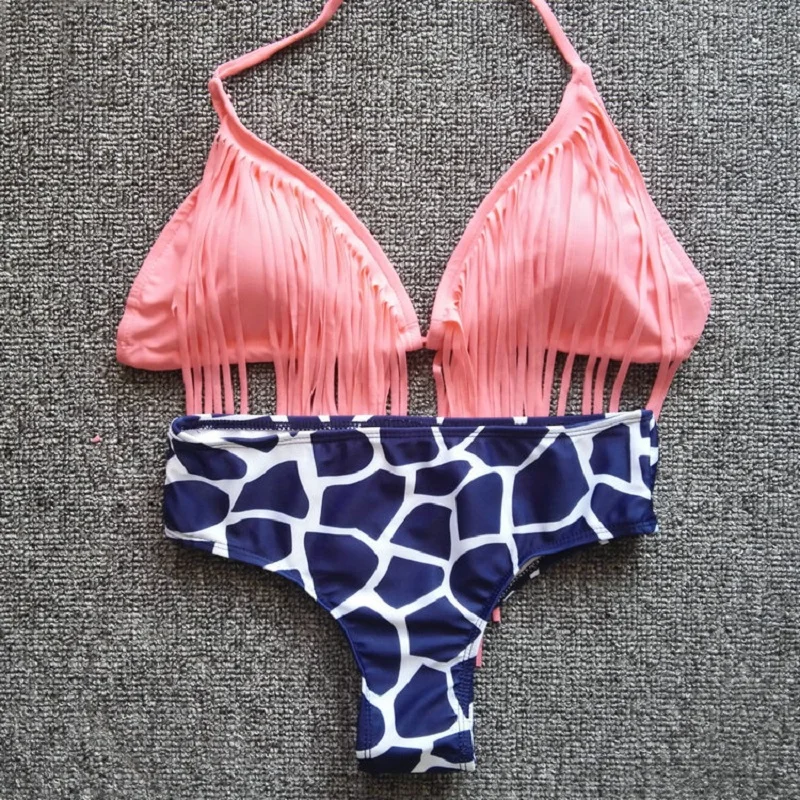 Retro Bikini Push Up Padded Pink Swimsuit Sexy Fringe Tassel Swimwear