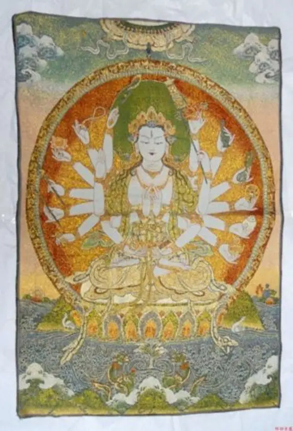 Delicate Old Tibetan Tangka Handwork Silk Thousand Hand Kwan Yin Scroll In Embroidery From Home