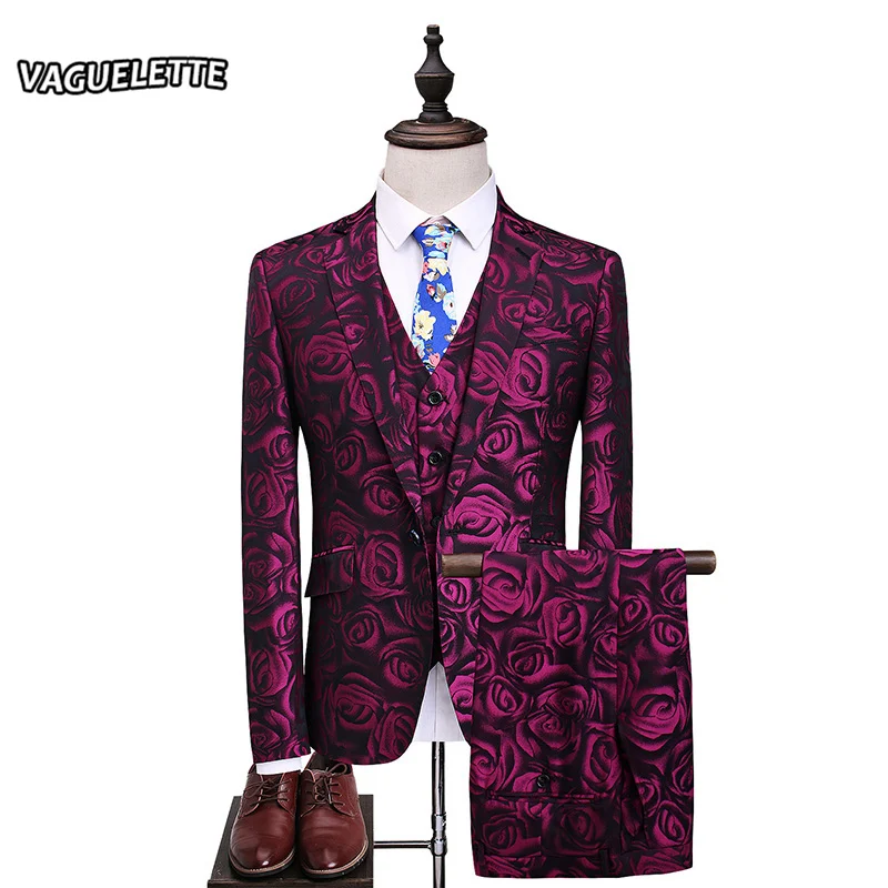 (Blazer+Vest+Pants) Burgundy Red Floral Men Suit For Wedding Rose ...