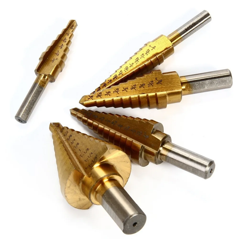 5pcs Hss Titanium Coated Step Cone Drill Bit Set Saesizes Bits Shank 316 1438woodworking