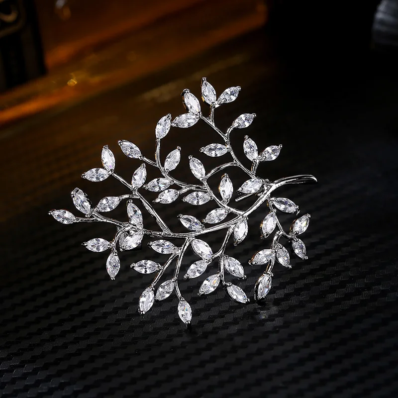 FYM Luxury Leaf Brooches for women Sliver color Clear AAA Cubic ...