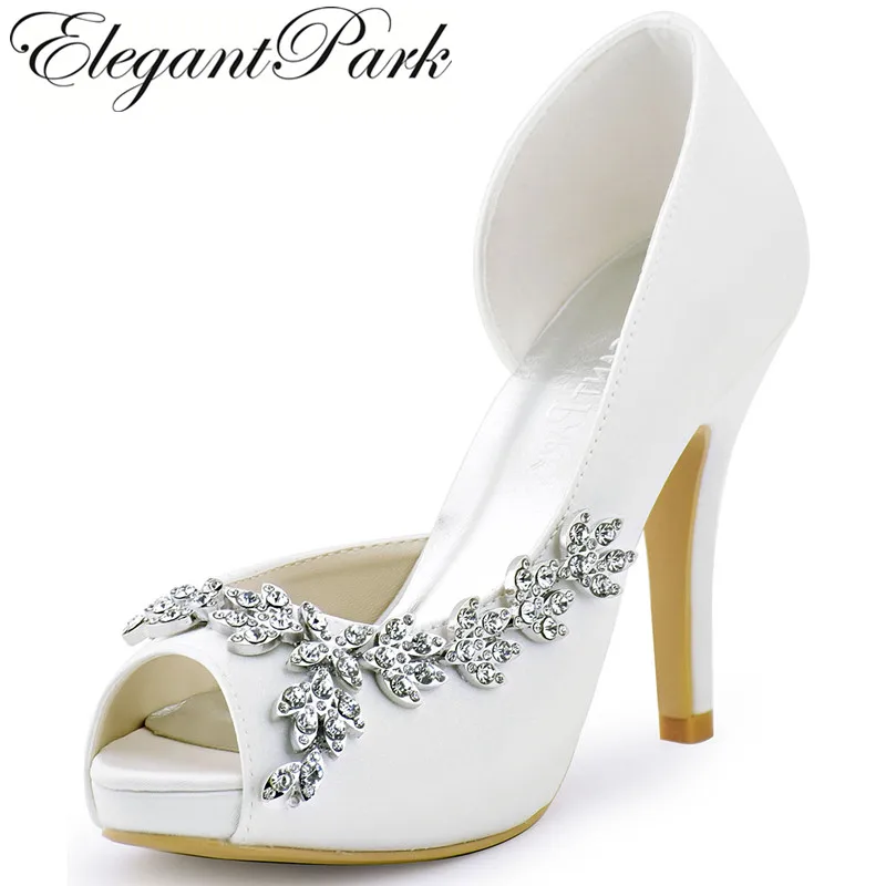 Women Shoes Wedding Bridal Platform High Heel Ivory White Crystal Peep