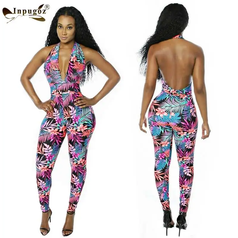 Fashion Fitness Hit Print Halter Jumpsuit Women Club Bodysuits Sexy
