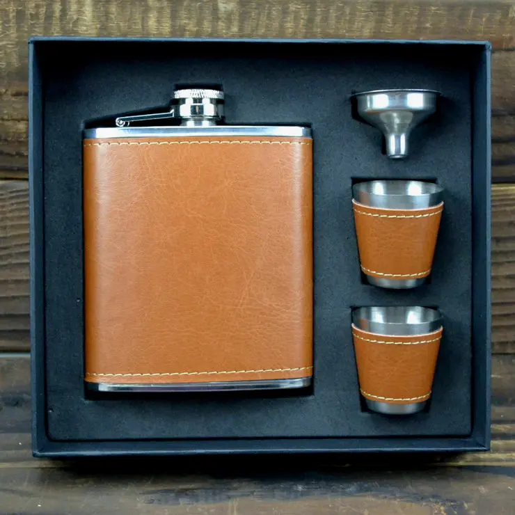 Free shipping leather flask set gift box stainless steel hip flask ...