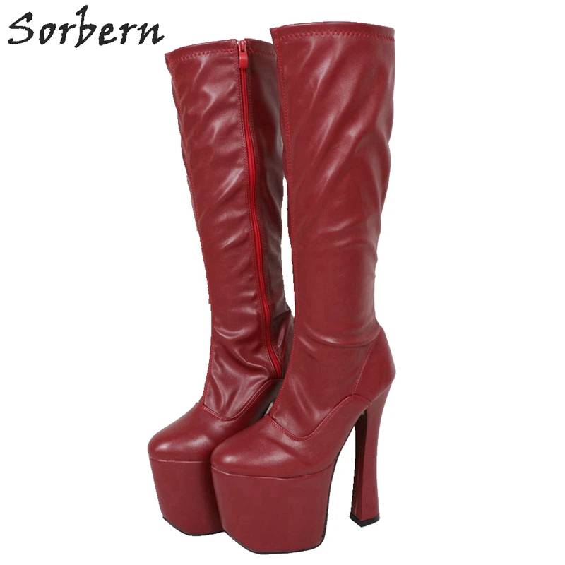 Sorbern Wine Red Block Heel Boots Women 20Cm Extreme High Heels Knee ...