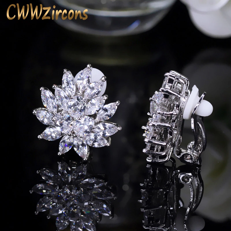 CWWZircons New Designer Flower Shape Stunning Cubic Zirconia Crystal Women Ear Clip on Earrings ...