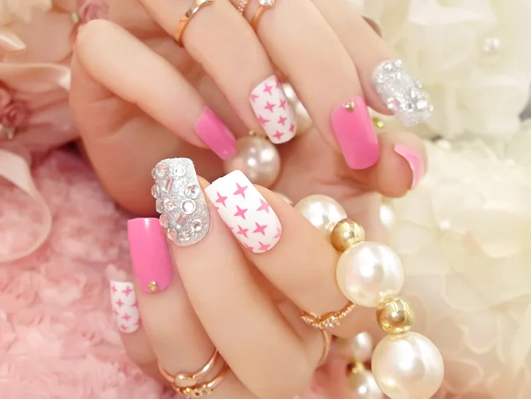 24 pcs Full Nail Tips Acrylic Mixed color Fake Nail pink and silver ...