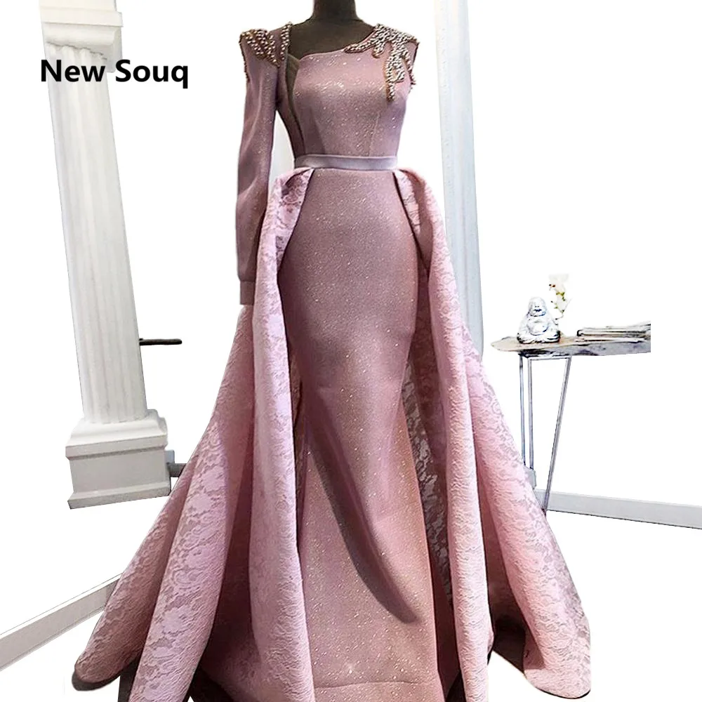 Elegant Pink Mermaid Evening Dresses Saudi Arabic Muslim Long Sleeves ...