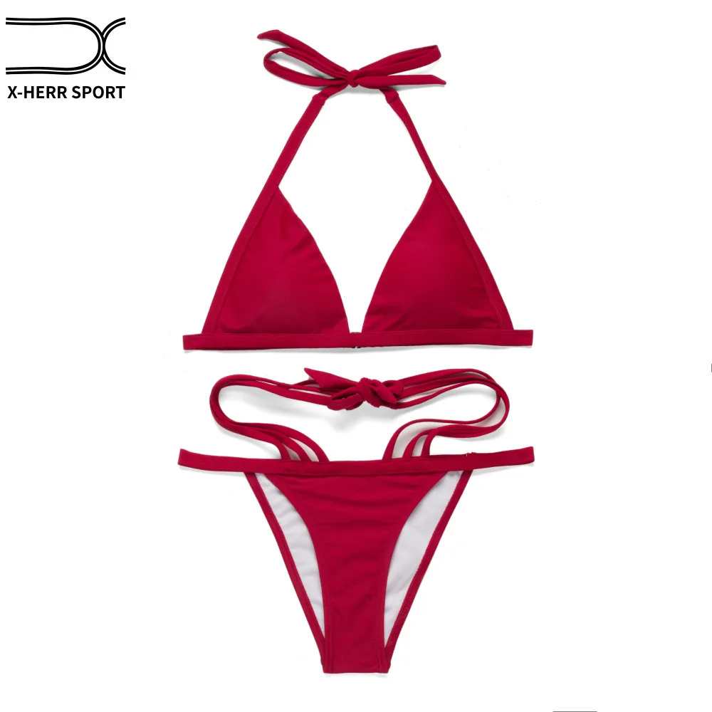 Buy Swimwear Women Solid Lace Up Low Waist Swimsuit