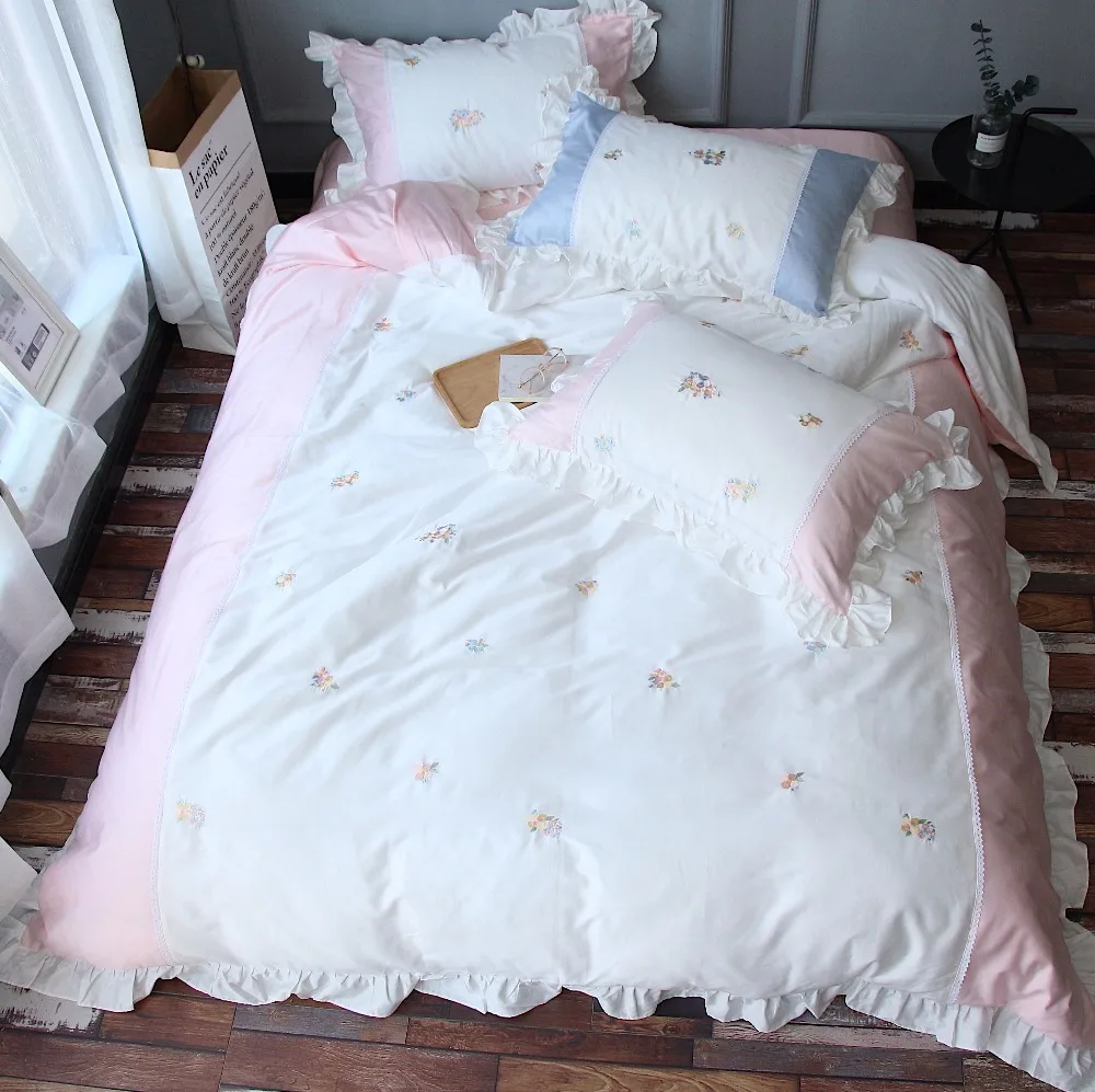 New 100 Egypt Cotton White Pink Embroidery Luxury Bedding Set 4pcs