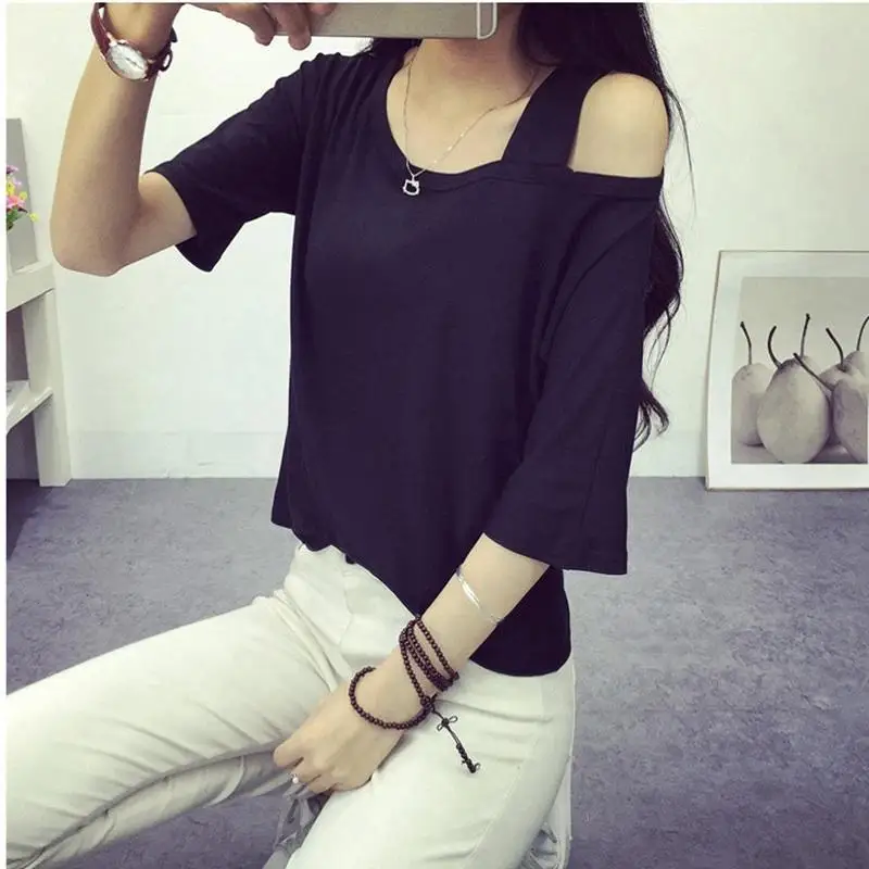2017 Fashion Women Casual T Shirt One Shoulder O Neck Shirt Solid ...
