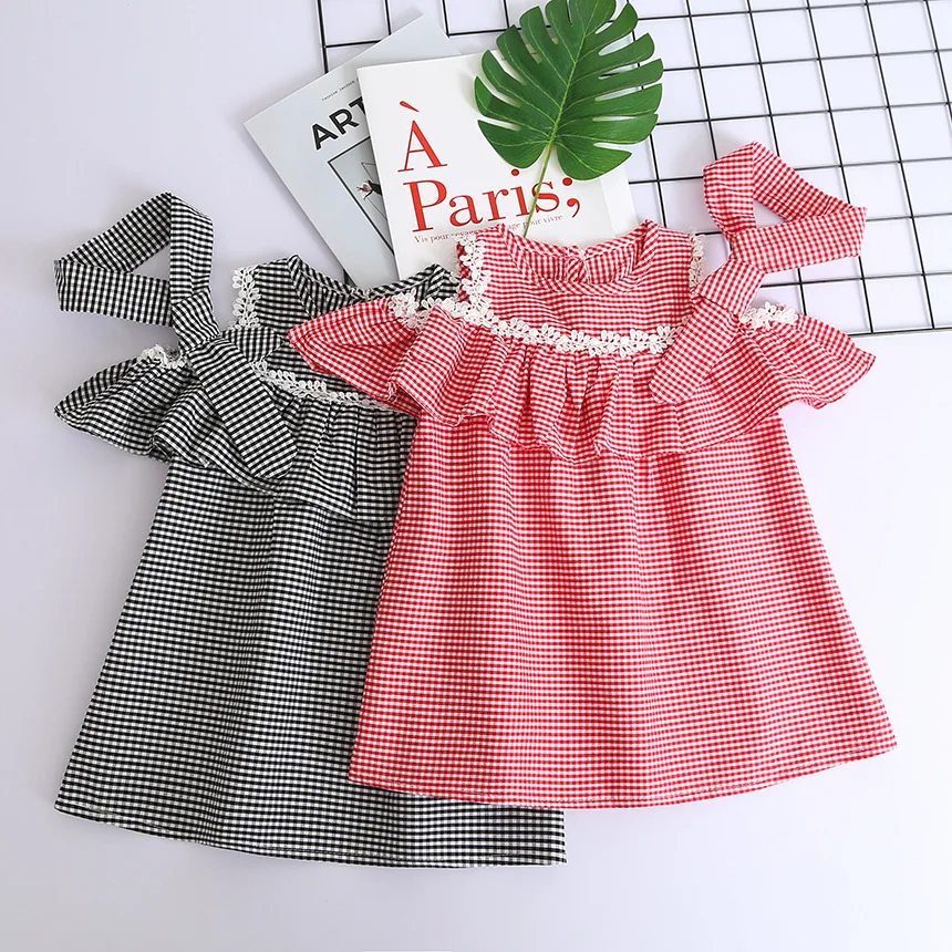 2018 Summer kid's Dress Little Girls Baby New Lace Shoulder Plaid ...