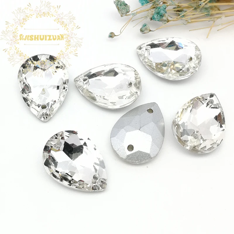 White water drop shape Glass Crystal sew on rhinestones with two holes ...