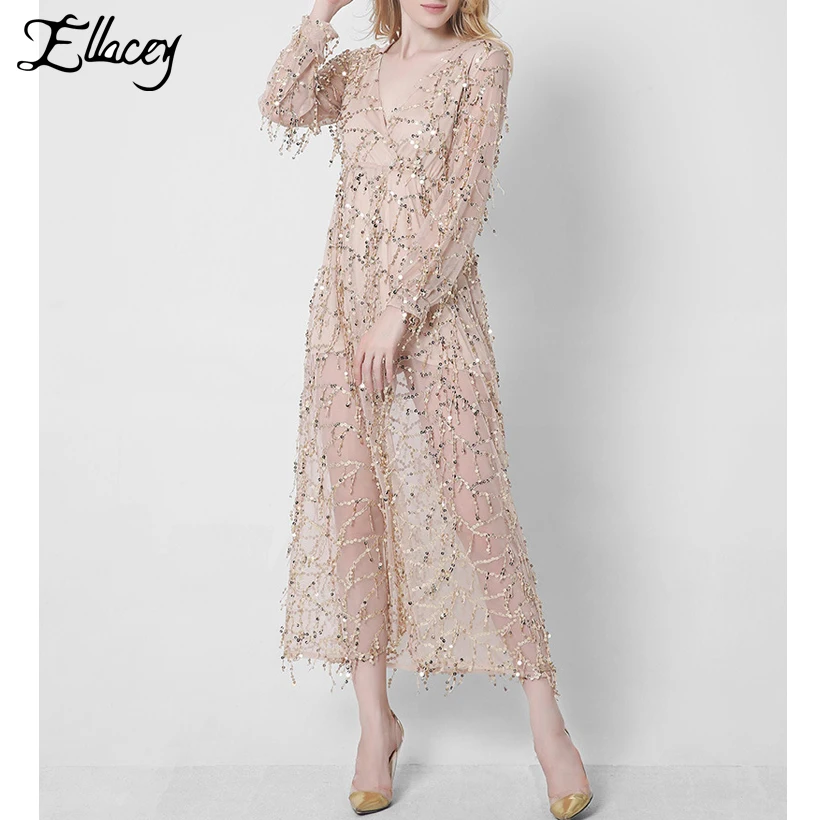 New 2017 See Through Party Dresses Tassel Split Long Dress V neck ...
