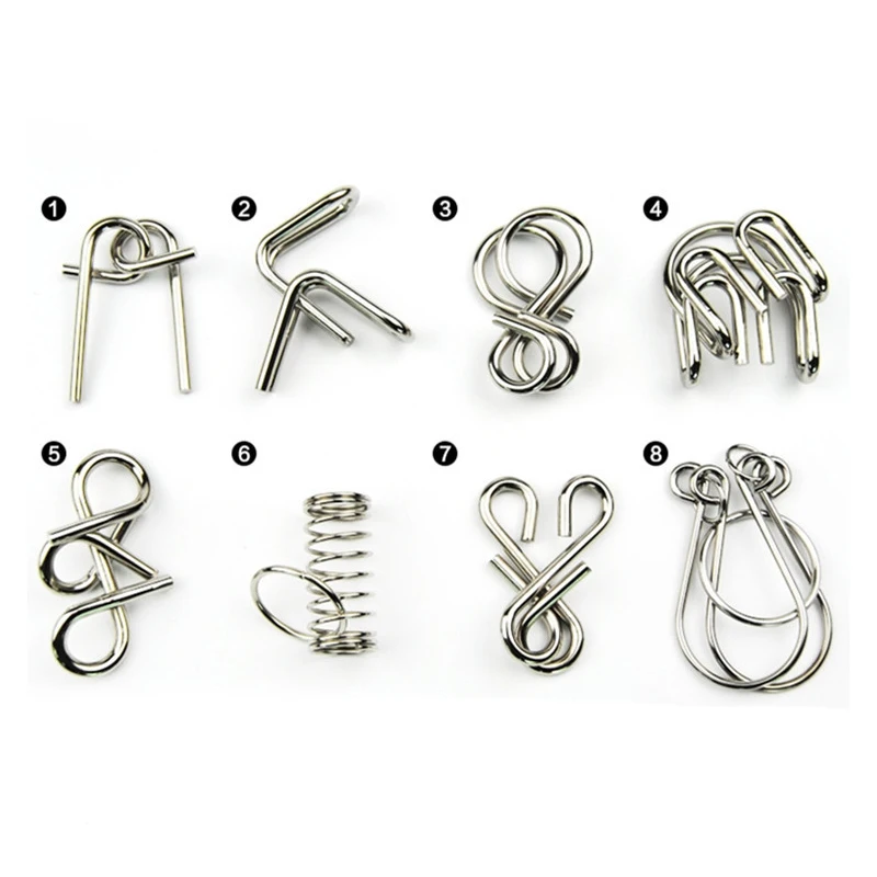 8PCS/Set Different Patterns 3D Interlocking Metal Wire Puzzle IQ Wire ...