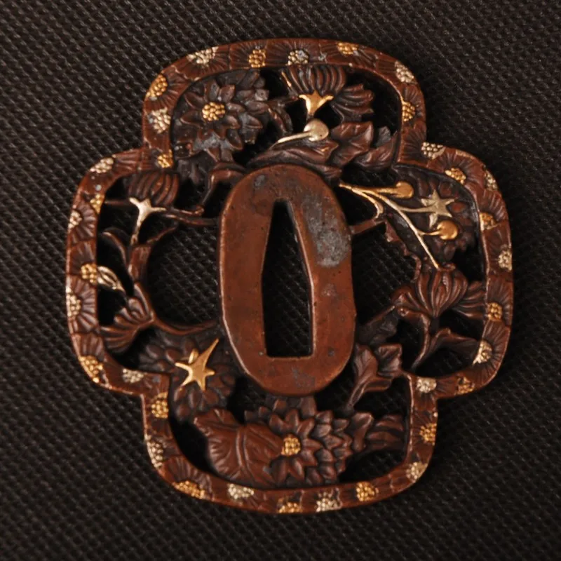 Carved Little Flower Gold & Silver High-grade Tsuba Hand Guard For ...