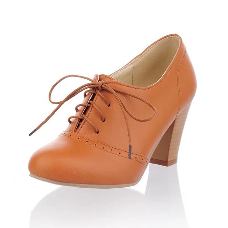 Women High Heels Oxford Shoes Vintage Pu Leather Lace Up Thick Heels ...