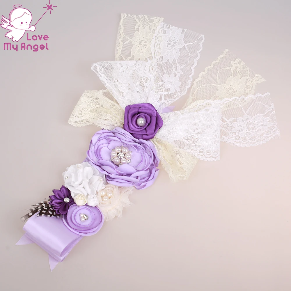 Layered satin lilac flower sash wedding gown sash floral Bridal sash ...