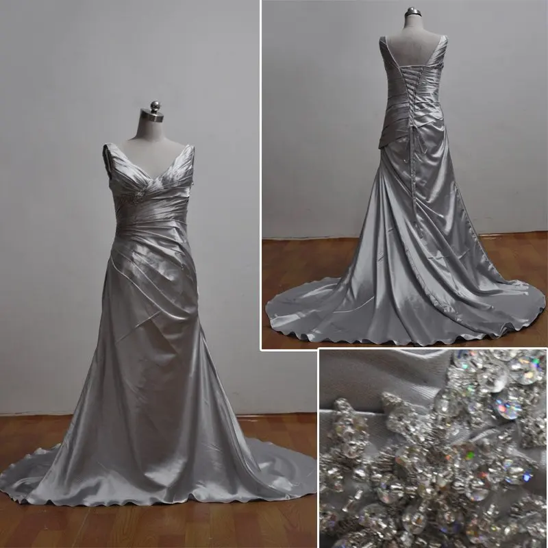 Real Sample Sexy V Neck Corset Silver Satin Wedding Dress In Wedding Dresses From Weddings