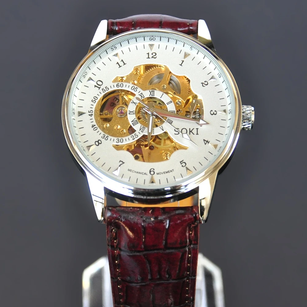 SOKI Mens White Dial Self winding Mechanical Automatic Wrist Brown ...