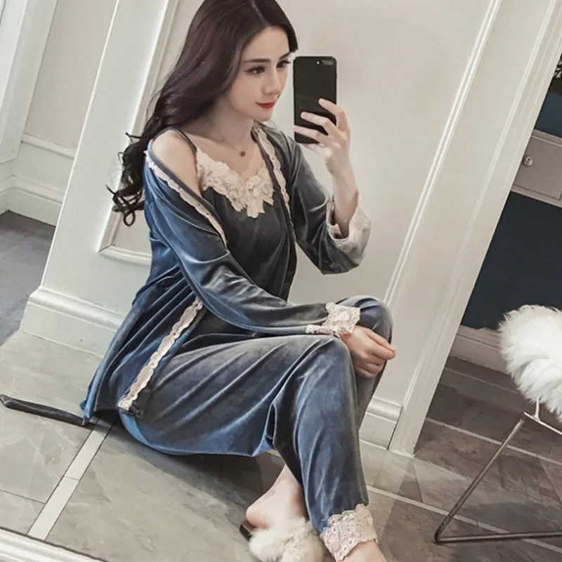 ROSASSY Women Sexy Three piece Pleuche Pajamas Set Autumn Winter Warm ...