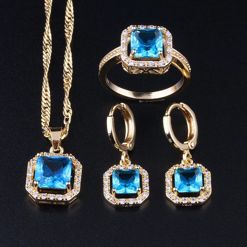 Top Quality Exquisite Blue Crystal & Cubic Zirconia Square Yellow Gold ...