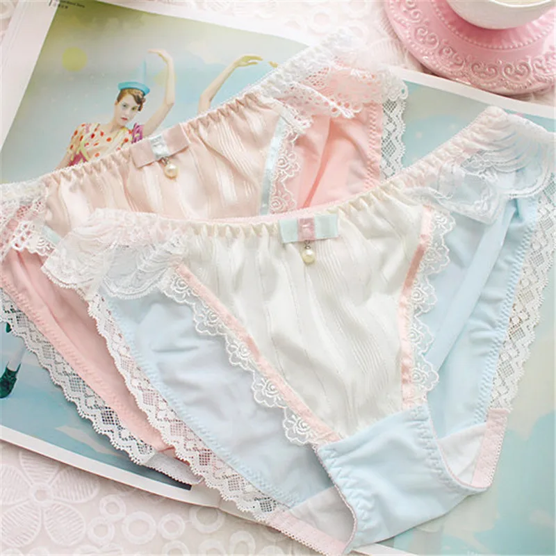 3 pieces/lot Sexy Brief Girls Women Cute Lolita Kawaii Princess Panties Japan Lace Bow Pearls ...