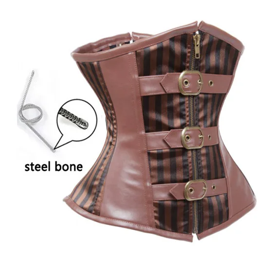 Brown Steampunk Clothing Women Plus Size Corset Top Striped Buckle