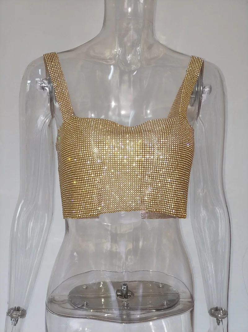 FREE SHIPPING Women Shiny Tank Tops Gold Sequined Metal Diamonds Crop ...