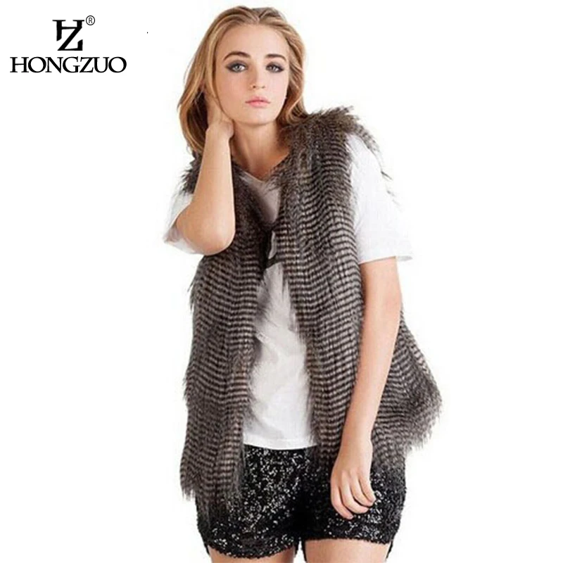 Hongzuo 2017 Women Artificial Peacock Fur Vest Jacket Female Fashion Slim Faux Peacock Fur