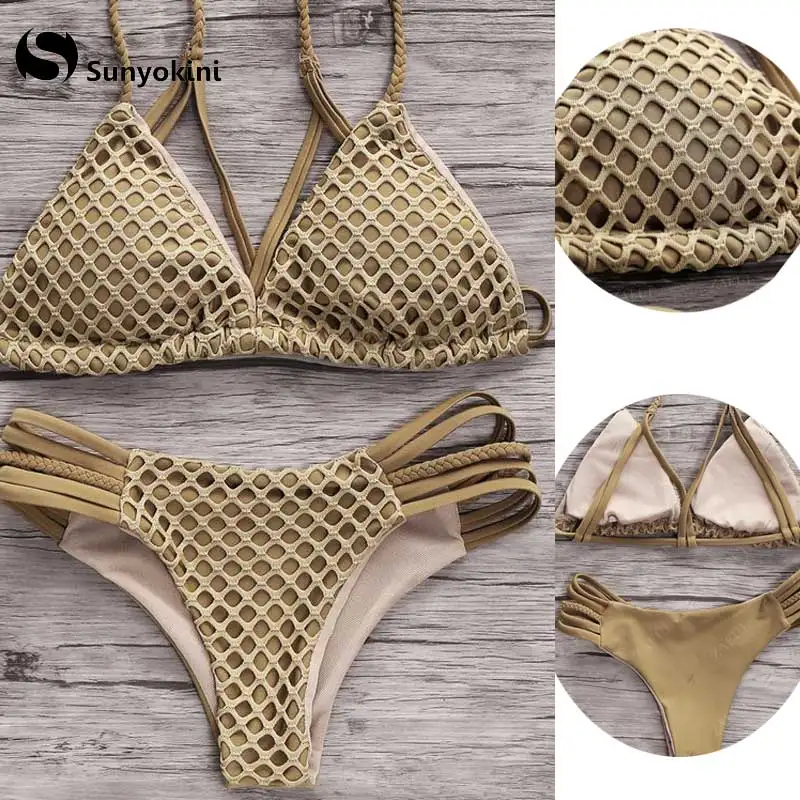 Sexy Bikini Bra Swimwear Women Bathing Suit Net Mesh Swimsuit Cross