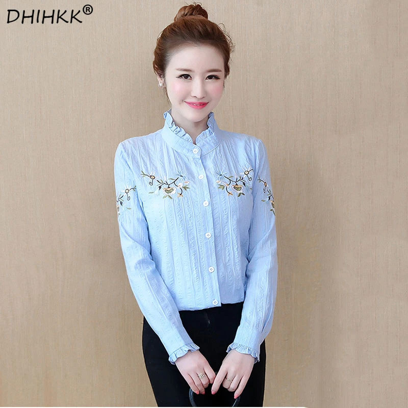 Dhihkk Floral Embroidered Ruffled Collar Blue Blouse Shirt 2018 Women