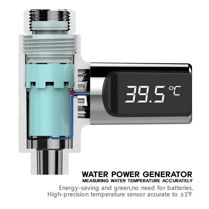 LED Display Water Shower Thermometer Self-Generating Electricity Water ...