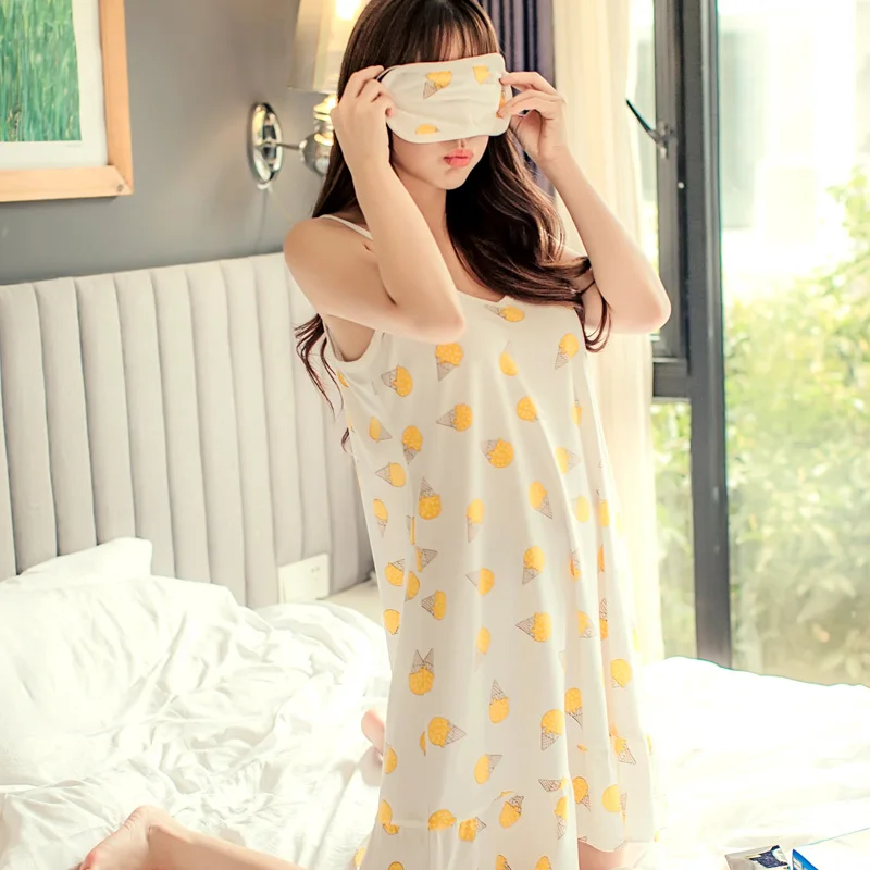 Summer Female Cute Yellow Nightdress V Collar Sexy Sling Sleepshirts