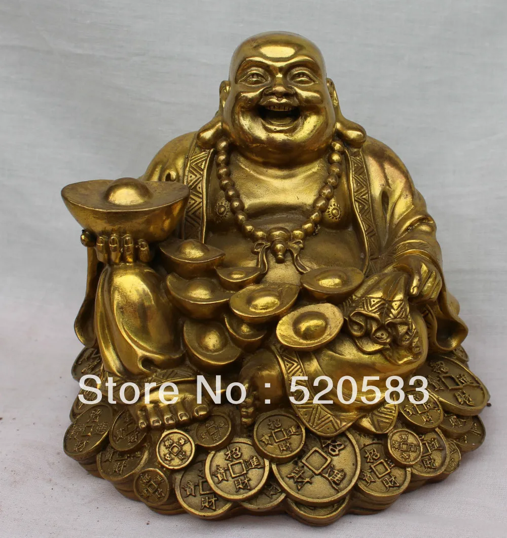 18CM Chinese Bronze Wealth YuanBao Money Happy Laugh Maitreya Buddha ...
