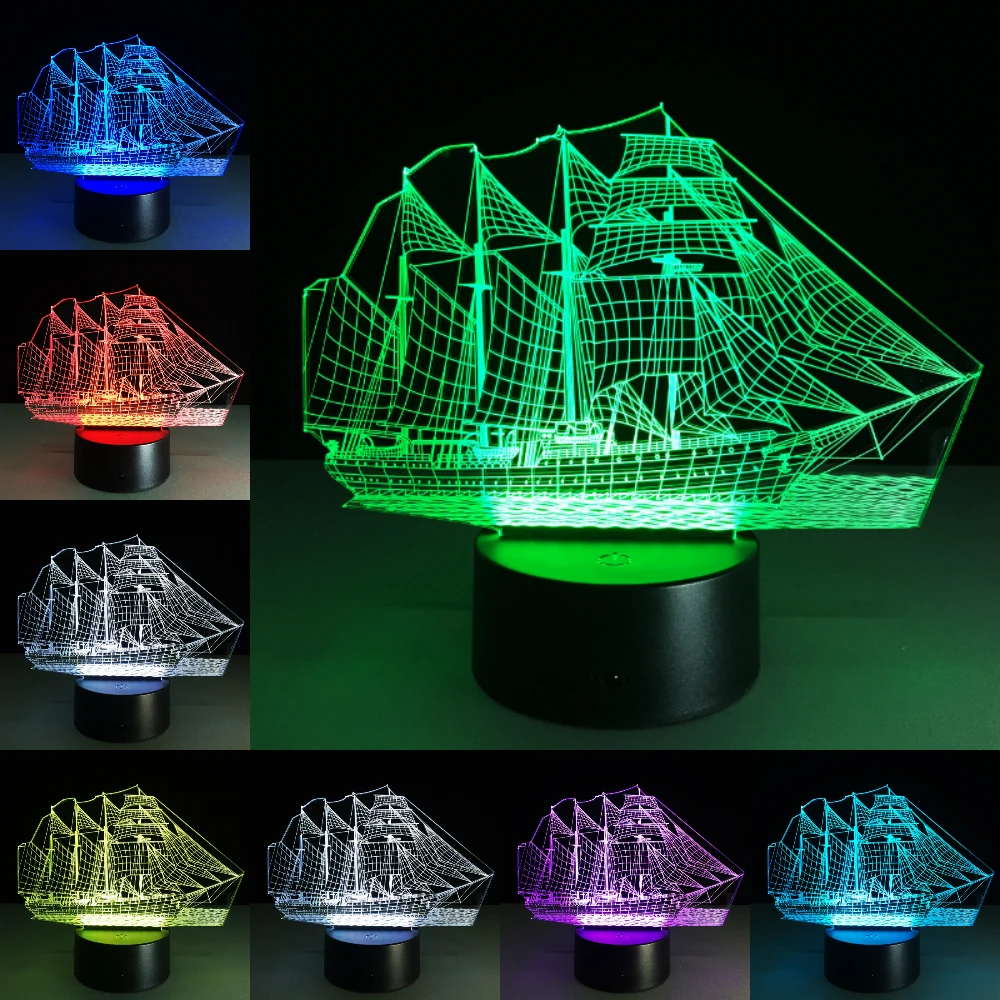 3D Sailing Boat Ship Night Light Atmosphere LED Table Desk Lamp with 7 ...