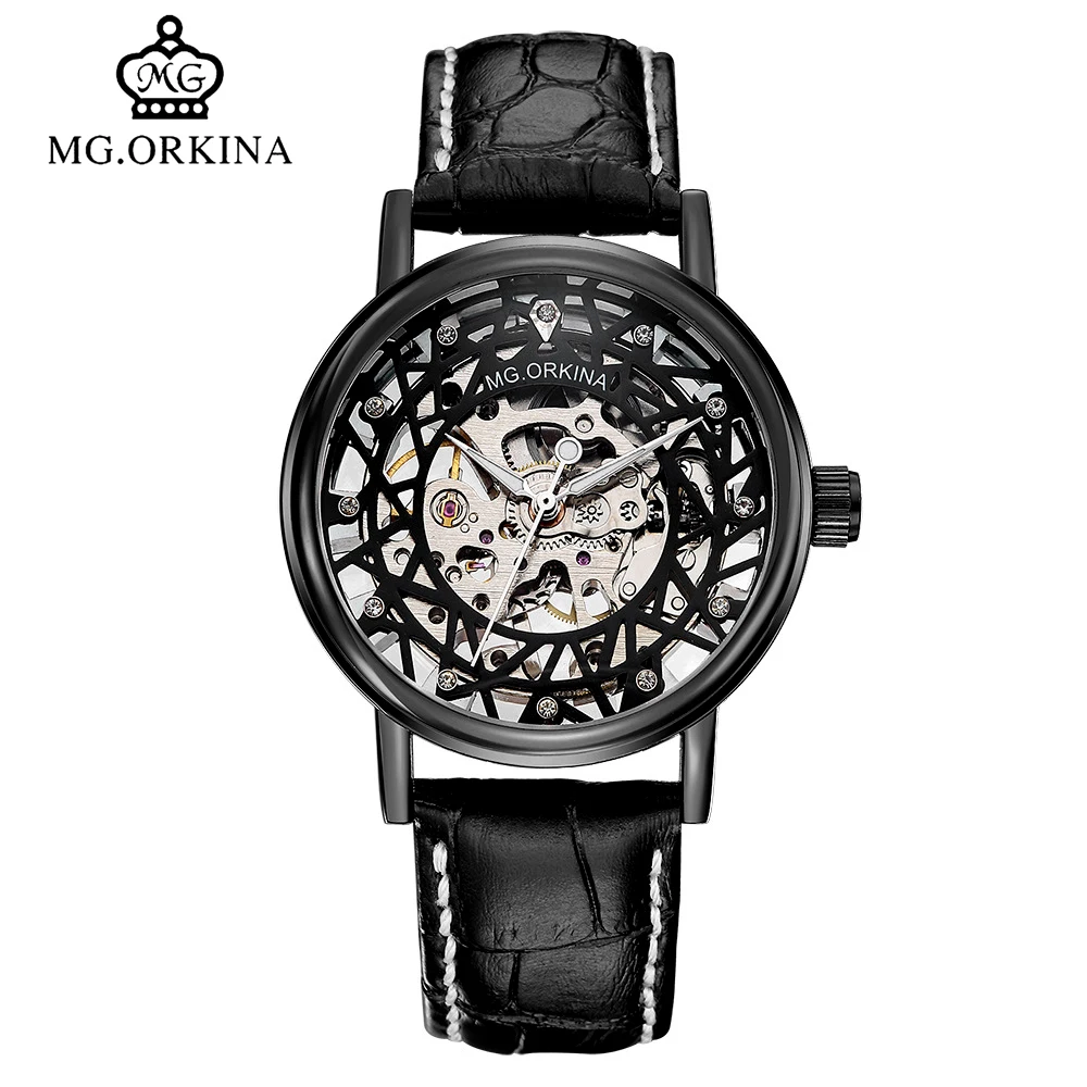 MG.ORKINA Mens Fashion Skeleton Mechanical Hand Wind Watch Casual Black ...