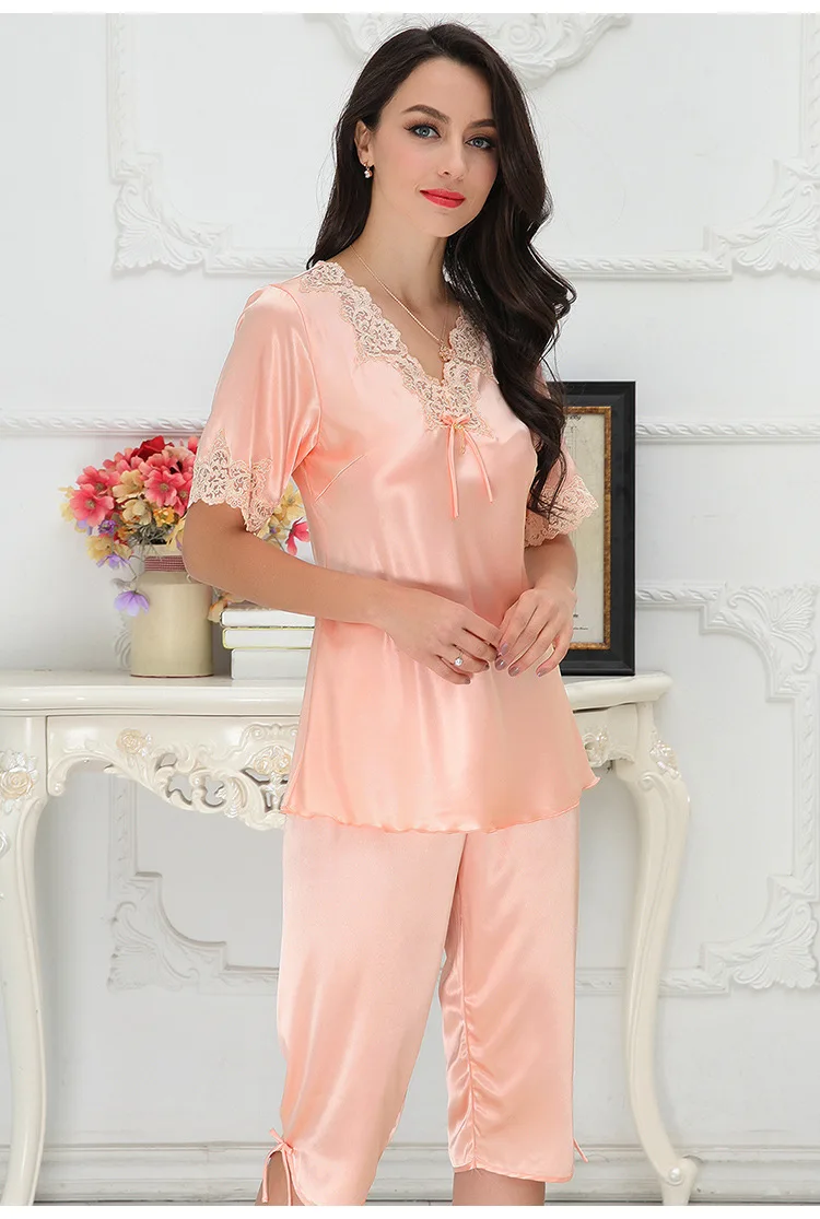 Spring Summer Autumn Silk Women Pijamas Sets of Sleepcoat & Sleep Pants ...