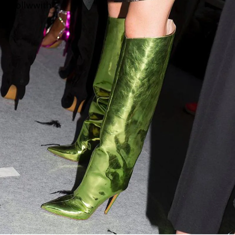 Mirror Metallic Green Leather Thigh High Boots Summer Autumn Women ...