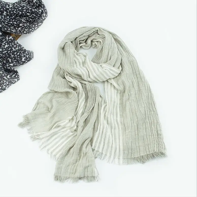 Cotton Blended Scarf Beige Khaki Stripe Women's Pashmina Spring Summer ...