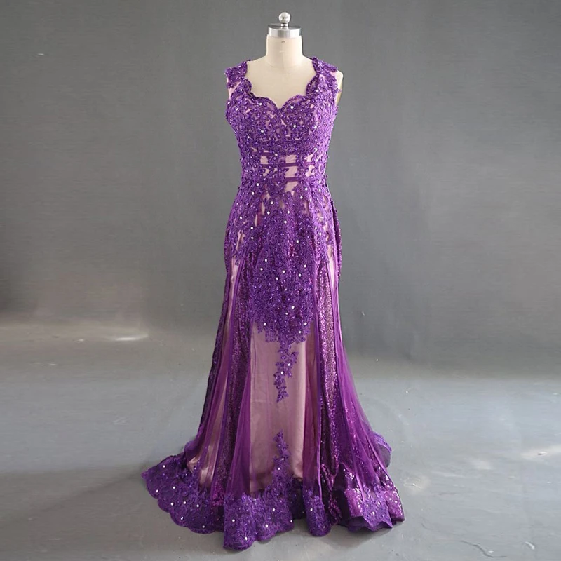 Real Photos Purple Mermaid Prom Dresses High Quality Lace Applique ...