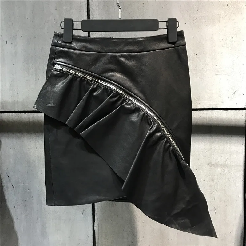 women real leather skirt ruffles lady real leather skirt|leather skirt ...