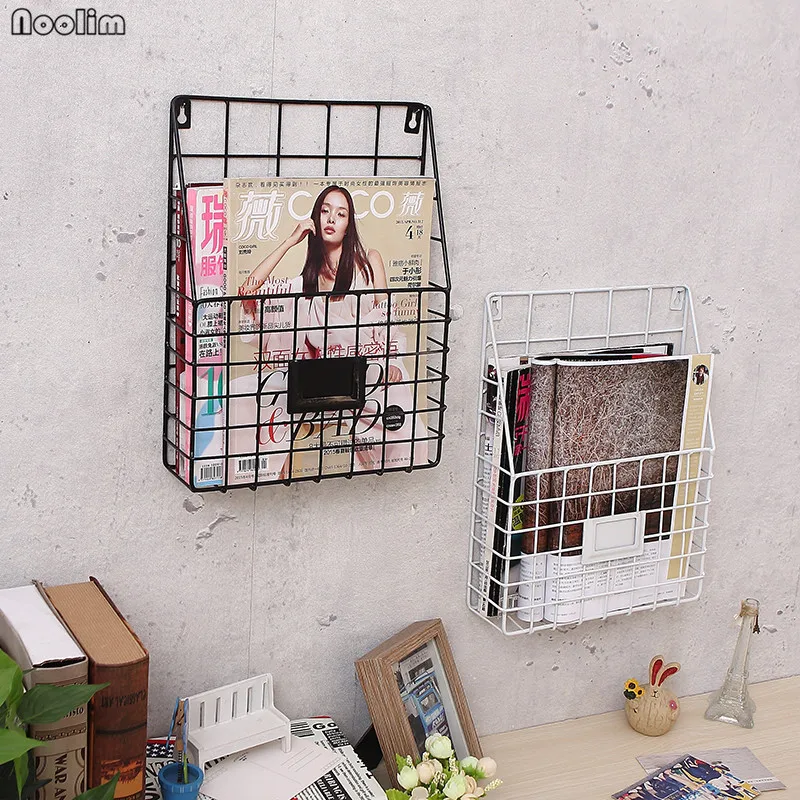 NOOLIM Iron Storage Basket Magazine Newspaper Organizer Wall Mount Post ...
