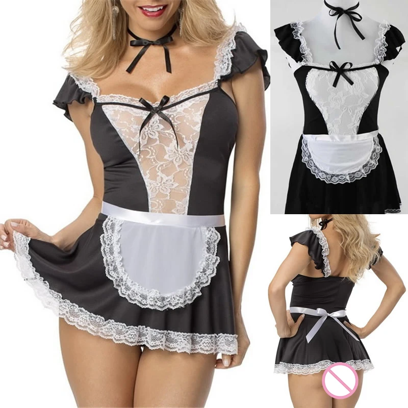 Uniforme de sirvienta Sexy para mujer, disfraces eróticos, lencería Sexy, minivestido de encaje ...