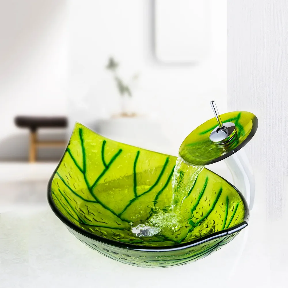 KEMAIDI Hand Painted Green Leaf Shape Bathroom Wash Basin Sink With ...