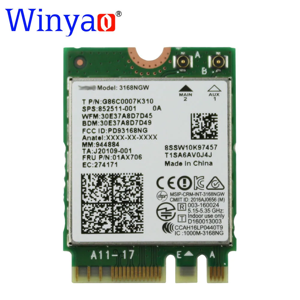 Winyao WY3168AC 2.4G/5G Dual Band For AC 3168NGW Wireless NGFF 802.11ac ...