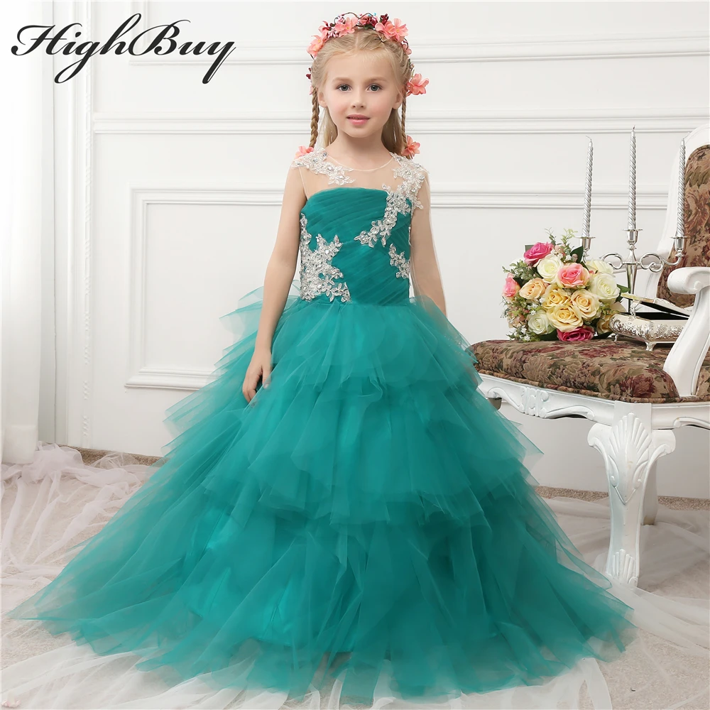 HighBuy 2017 Sparkling Green Ruffles Tulle Girls Pageant Dress One Long ...